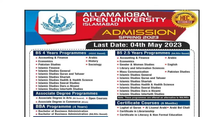 Allama Iqbal Open University Islamabad Admissions Spring 2023 Apply Now - Jobzsearcher